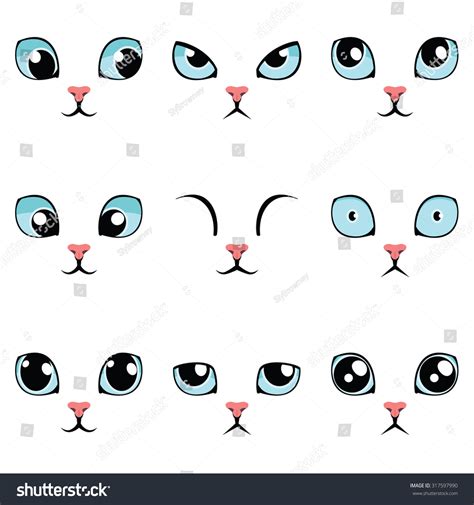 Set Of Funny Cartoon Blue Cat Eyes Isolated On White Vector