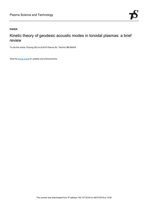 Pdf Kinetic Theory Of Geodesic Acoustic Modes In Toroidal Plasmas A Brief Review