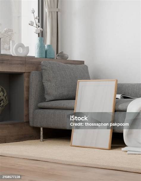 모형 포스터 나무 프레임 빈 그림 거실 요소 인테리어 수직 바닥에 일러스트레이션 3d 렌더링 0명에 대한 스톡 사진 및 기타 이미지 Istock