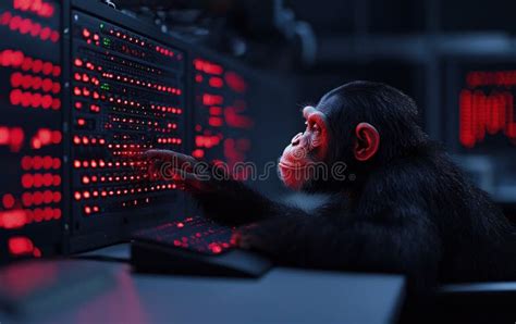 chimpanzee operating a red lit control panel in a dark room stock
