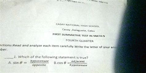SOLVED: Tont uech 6n CASAY NATIONAL HIGH SCHOOL Casay Dalaguete, Cebu ...