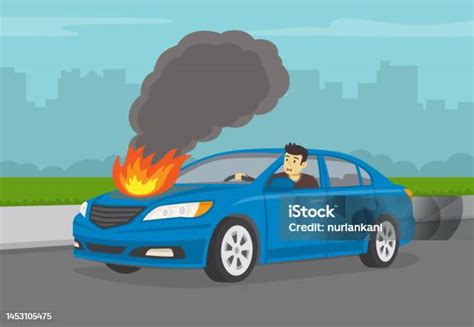 도시 도로에서 부서진 세단 자동차를 운전하는 젊은 겁에 질린 운전자 불타는 자동차 엔진 후드 투시도 차에 대한 스톡 벡터 아트 및 기타 이미지 Istock