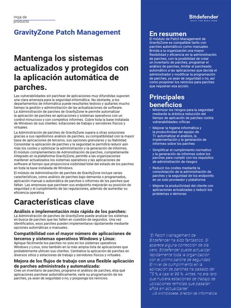 Bitdefender Gravityzone Patch Management Datasheet Es Descargar Gratis Pdf Software De La