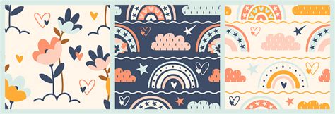 보헤미안과 꽃무늬 스칸디나비아 아기 컬렉션은 손으로 그린 낙서 이음매 없는 패턴입니다 꽃 무지개 태양 하트 별 침실에 대한 긍정적 인 미학 베이비 샤워에 선물 포장지 꽃