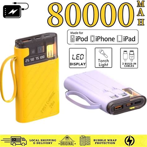 100 Original 80000mAh Powerbank Mini Power Bank Fast Charging Full Screen Built In 2 Cables
