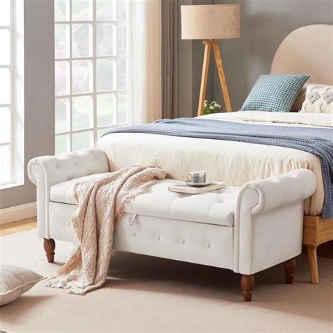 Dropship Beige Solid Wood Legs Velvet Bedroom End Of Bed Storage