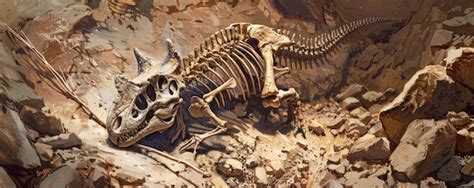 A Detailed Scene Of A Protoceratops Skeleton Being Excavated With Its
