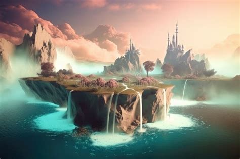 Dreamlike Landscape With Surreal Floating Islands And Waterfalls Stock Illustration