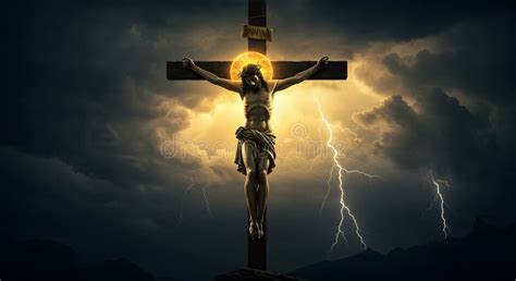 Dramatic Depiction Of A Crucifixion Under A Stormy Sky With Lightning
