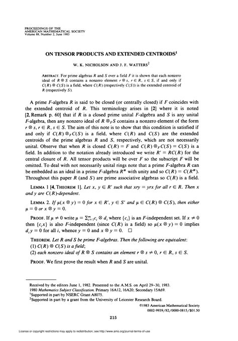 Pdf On Tensor Products And Extended Centroids