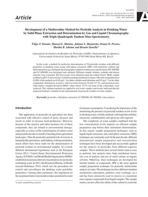 Pdf Development Of A Multiresidue Method For Pesticide Analysis In Drinking Water By Solid