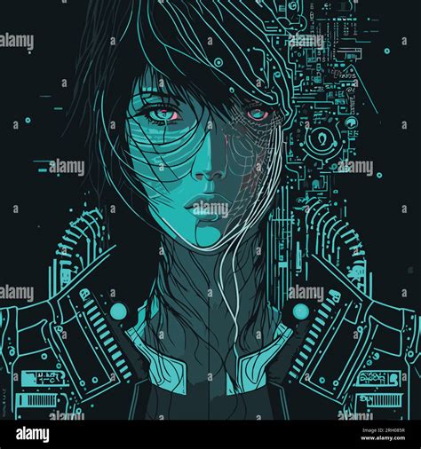 Cyberpunk Girl With Aqua Computer Schematics And Circuits Behind Her