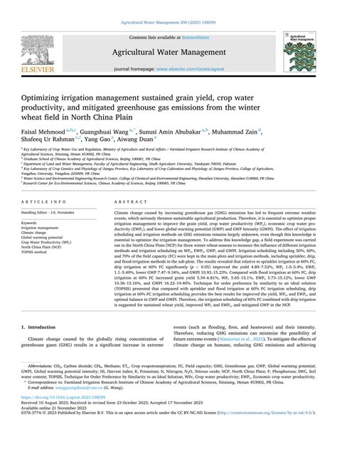 Pdf Optimizing Irrigation Management Sustained Grain Yield Crop