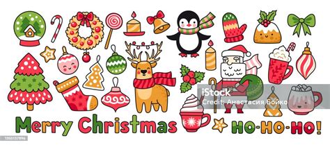 크리스마스와 휴일 요소의 집합 산타 클로스 사슴 진저 브레드 쿠키 양초 나무 인사말 카드 스티커 인쇄물 포장지용 겨울 시즌 컬렉션 펭귄에 대한 스톡 벡터 아트 및 기타