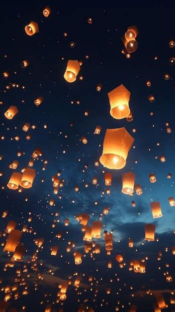 Floating Lanterns In Night Sky Premium Ai Generated Image