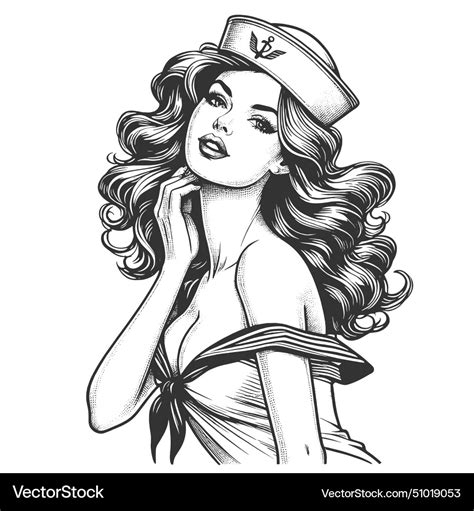 Sailor Pin Up Girl Posing Engraving Royalty Free Vector