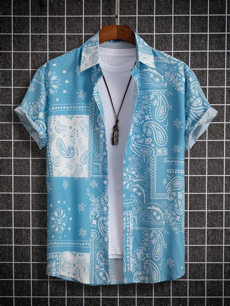 Blue And White Boho Collar Short Sleeve Fabric Paisley Shirt