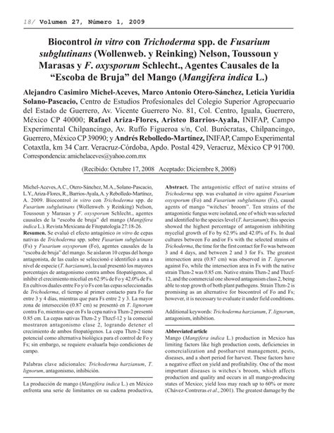 Pdf Biocontrol In Vitro Con Trichoderma Spp De Fusarium Subglutinans Wollenweb Y Reinking