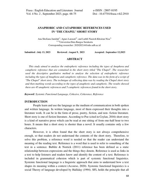 Pdf Anaphoric And Cataphoric References Used In The Chapel Short Story