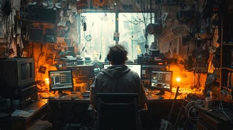 Omputer Burglar Hacker Sits In A Room Among Computers And Wires At Work