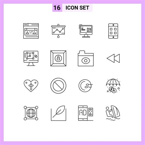 Pack Of 16 Creative Outlines Of Designing Tool Computer Construction Box Mobile Editable Vector
