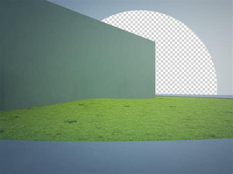 Premium Psd Geometric Shapes Structure With Gray Concrete Floor On Green Grass Lawn Abstract