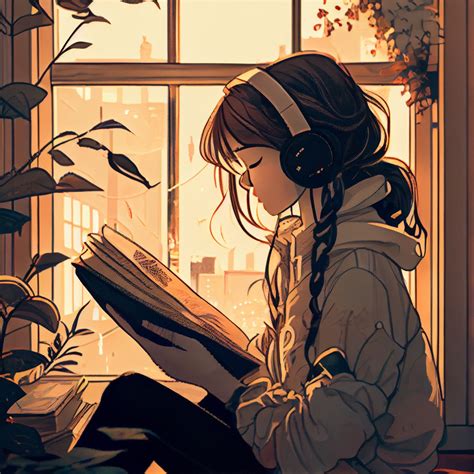 Anime Girl Reading A Book With Headphones