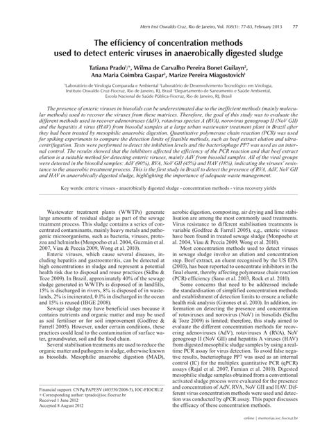 Pdf The Efficiency Of Concentration Methods Used To Detect Enteric Viruses In Anaerobically