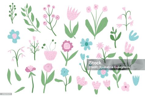 손으로 그린 꽃 세트입니다 식물 다양한 자연 봄 요소 현대 추상 꽃과 나뭇잎 모양 여름 낙서 디자인에 대 한 벡터 일러스트 개체 그룹에 대한 스톡 벡터 아트 및 기타 이미지