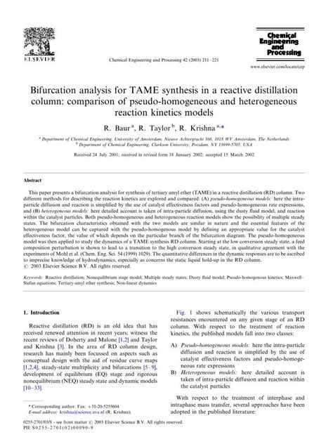 Pdf Bifurcation Analysis For Tame Synthesis In A Reactive Distillation Column Comparison Of