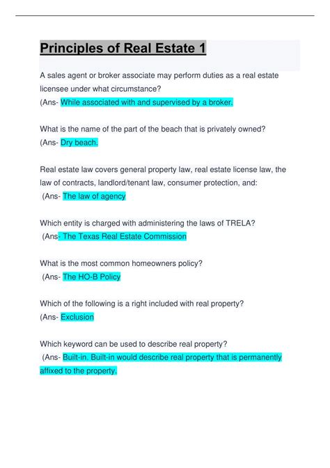 Principles Of Real Estate 1 Questions And Answers Updated A Score