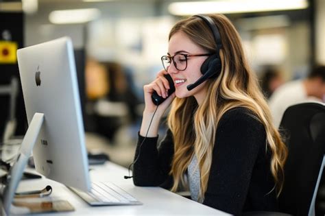 Female Employee Call Center Video Link And Tech Support Employee Uses Headset And Webcam