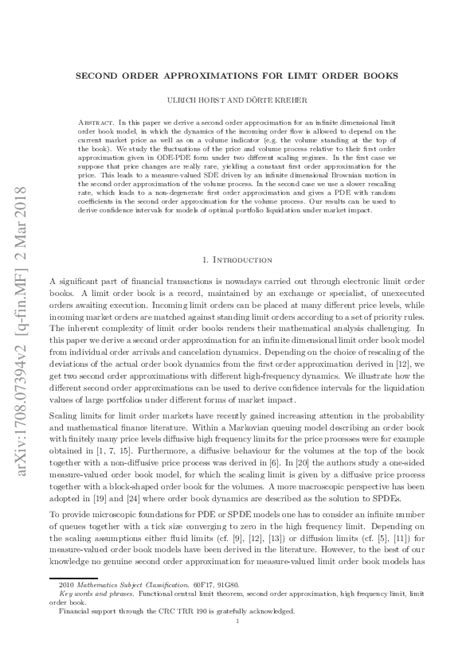 Pdf Second Order Approximations For Limit Order Books Ulrich Horst