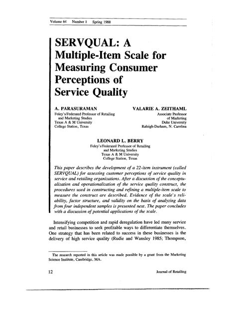 Servqual A Multiple Item Scale For Measuring Consumer Perceptions Of Service Quality Pdf