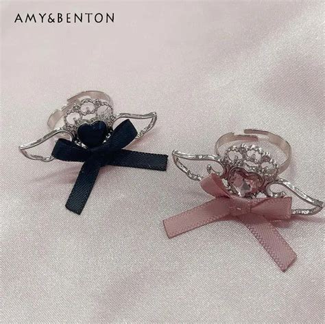 소녀 천사 날개 라인스톤 보우 링 일본 스타일 귀엽고 귀여운 광산 반지 여성 스트리트웨어 링 액세서리 Aliexpress
