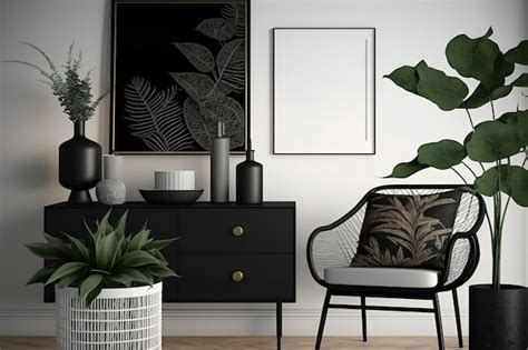 현대적인 스칸디나비아 거실 내부에는 검은색 모의 포스터 프레임 디자인 변기 꽃병에 검은 등나무 바구니 마크라메 책과 우아한