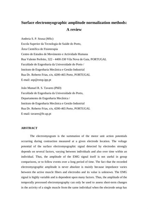 Pdf Surface Electromyographic Amplitude Normalization Methods · Emg Normalization Is The