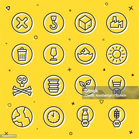 세트 라인 글루텐 프리 곡물 온도 세척 태양 판지 골판지 상자 깨지기 쉬운 깨진 유리 쓰레기통 X 마크 십자형 원 및 아이콘 벡터 건설 산업에 대한 스톡 벡터 아트 및 기타