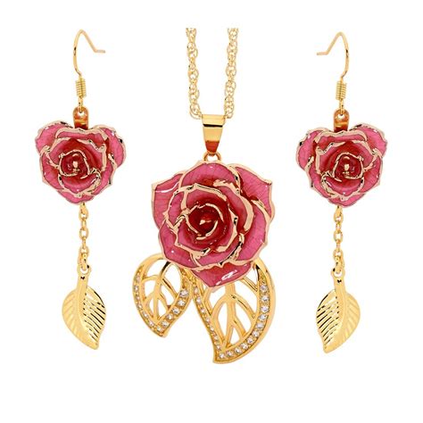 Gold Dipped Rose And Pink Matched Jewelry Set In Leaf Theme