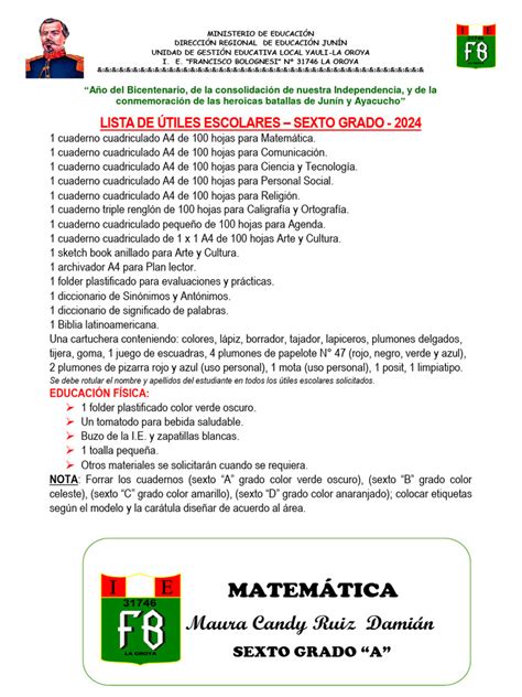 Lista De Ùtiles Escolares Sexto Grado 2024 Pdf