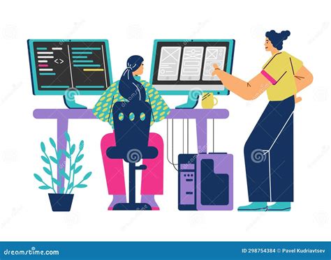 Developers Team Creates A Mobile App Or Programs Software Flat Vector
