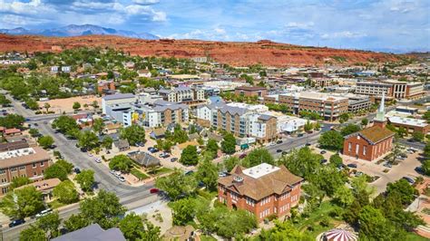 Aerial Downtown St George Utah Red Brick Buildings And Red Rock
