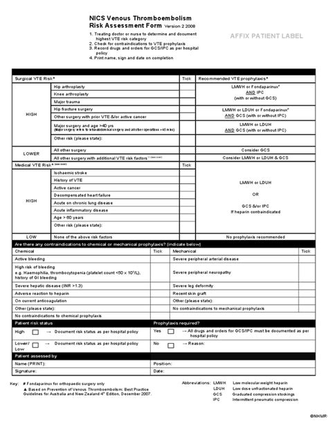 2008 Nics Vte Risk Assessment Form V2 Thrombosis Clinical Medicine