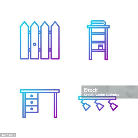 세트 라인 Led 트랙 조명과 램프 사무실 책상 정원 울타리 나무와 수건 선반 욕실 랙 그라데이션 색상 아이콘입니다 벡터 가구에 대한 스톡 벡터 아트 및 기타 이미지