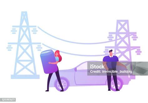알루미늄 개념의 산업 및 국내 사용 작은 여성 캐릭터는 음료와 함께 거대한 금속 항아리를 운반 고전압 전원 라인 타워의 세단