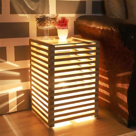 Buy Pine Wood Illuminating Nightstand Cum End Table Cum Floor Lamp Handcrafted Stacked Light