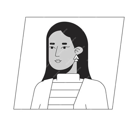 이슬람 젊은 여성 검정 흰색 만화 아바타 아이콘 긴 머리를 가진 갈색 머리 편집 가능한 2d 문자 사용자 초상화 선형 평면 그림