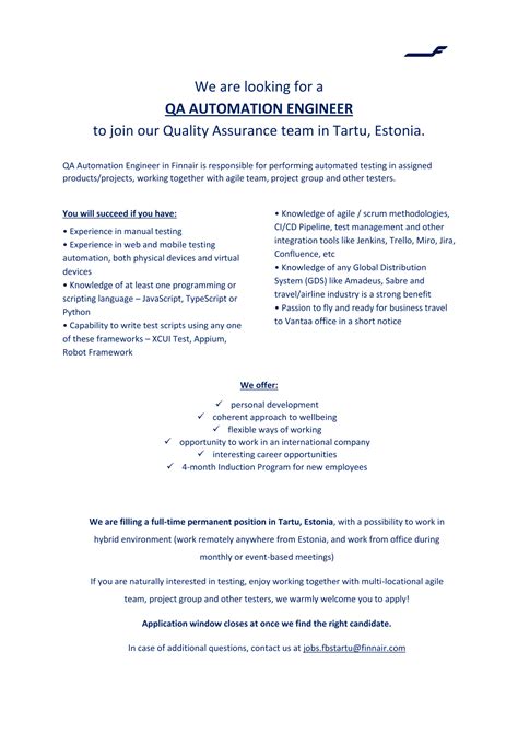 qa automation engineer finnair business services oÜ cv ee