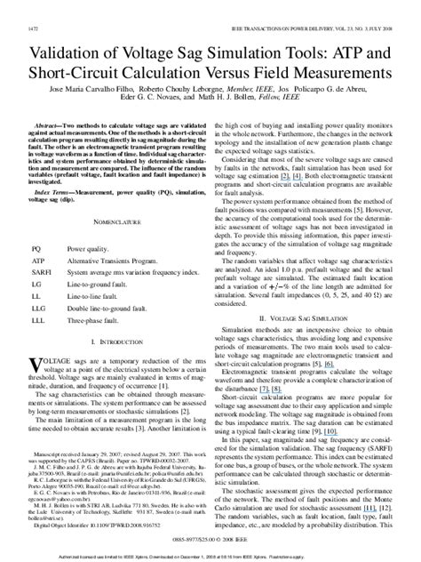 pdf validation of voltage sag simulation tools atp and short circuit calculation versus field