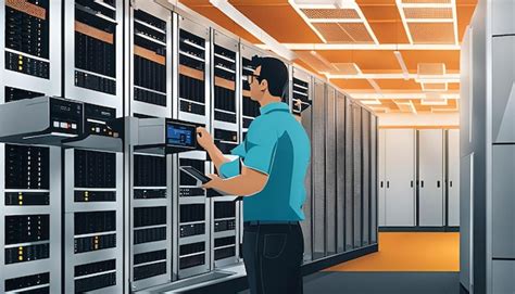 Technician Inspecting Server Racks In A Brightly Lit Server Room